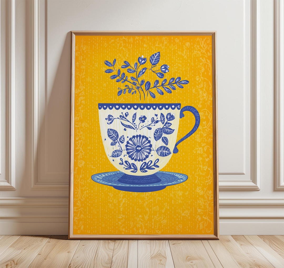 Blue Floral Tea Cup Poster, Modern Folk Art Kitchen Print, Yellow and ...