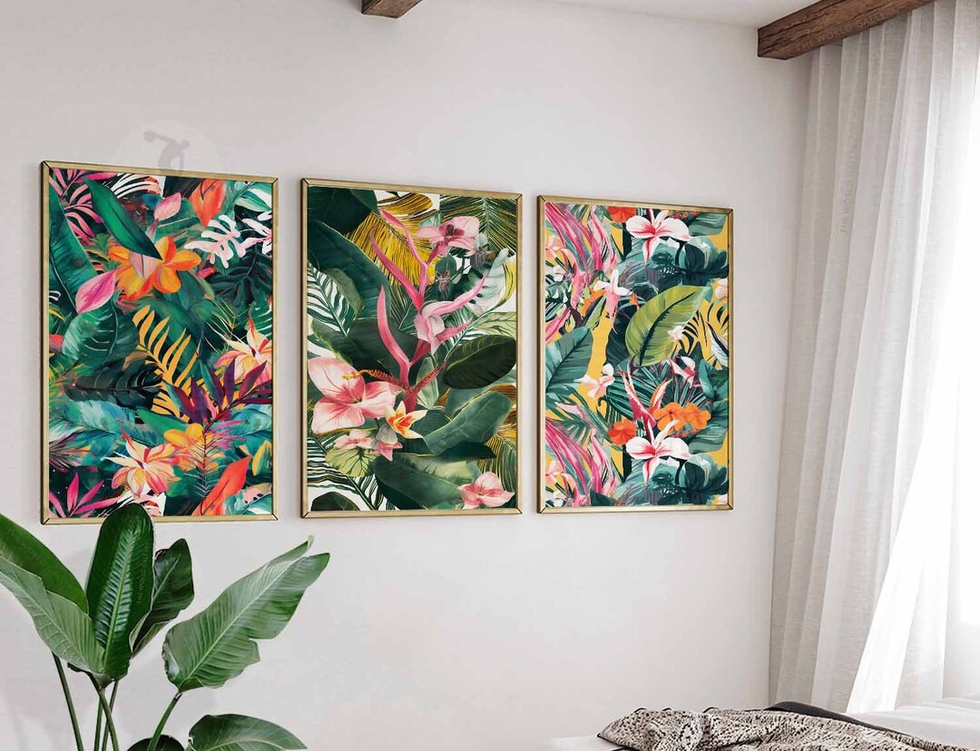 Floral Set of 3 Floral Posters, Boho Leaf Floral Wall Print, Tropical ...