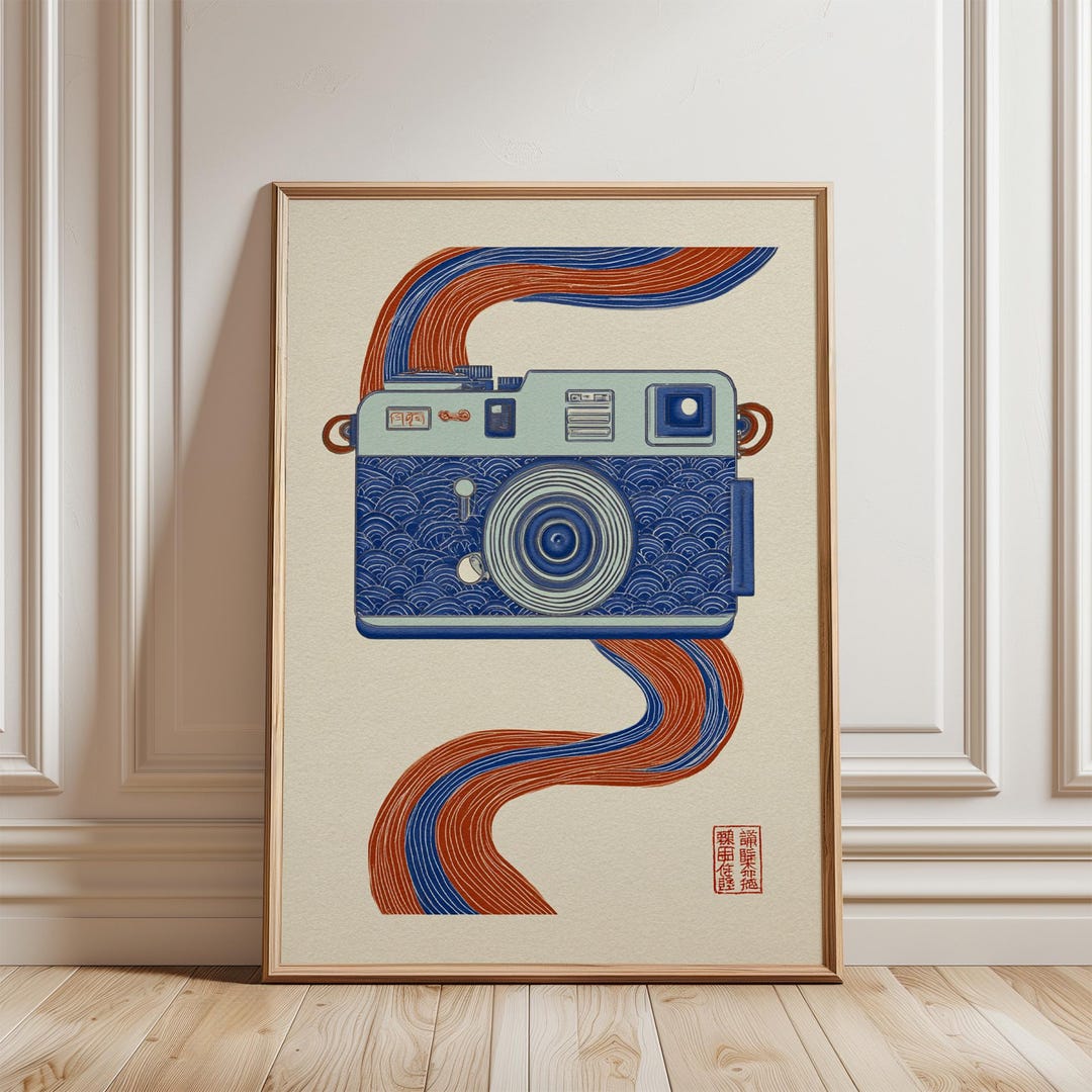 Blue Cream Vintage Camera Poster, Woodcut Style With Floral Red Accents ...
