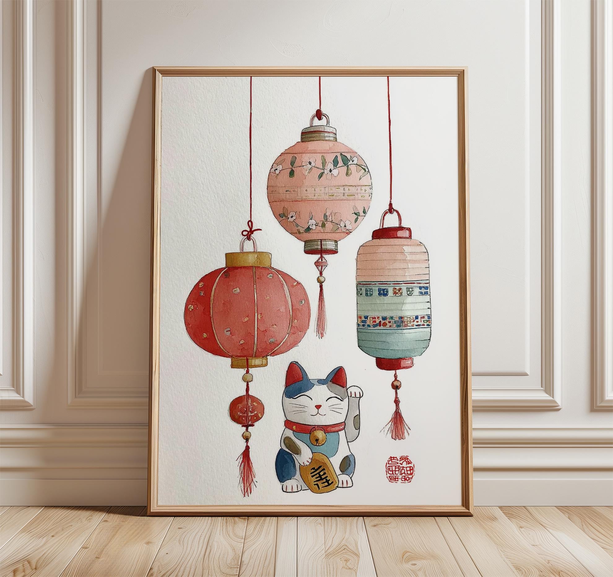 Chinese Lanterns Wall Art, Lucky Cat Watercolor Print, Asian Festival ...