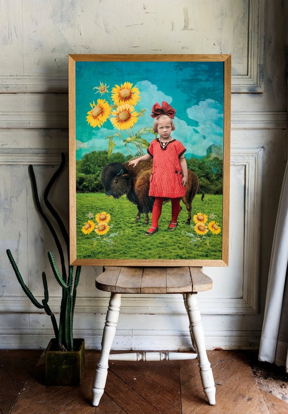 Collage Art Print MY BISON & ME Print of Girl With Daisies - Etsy