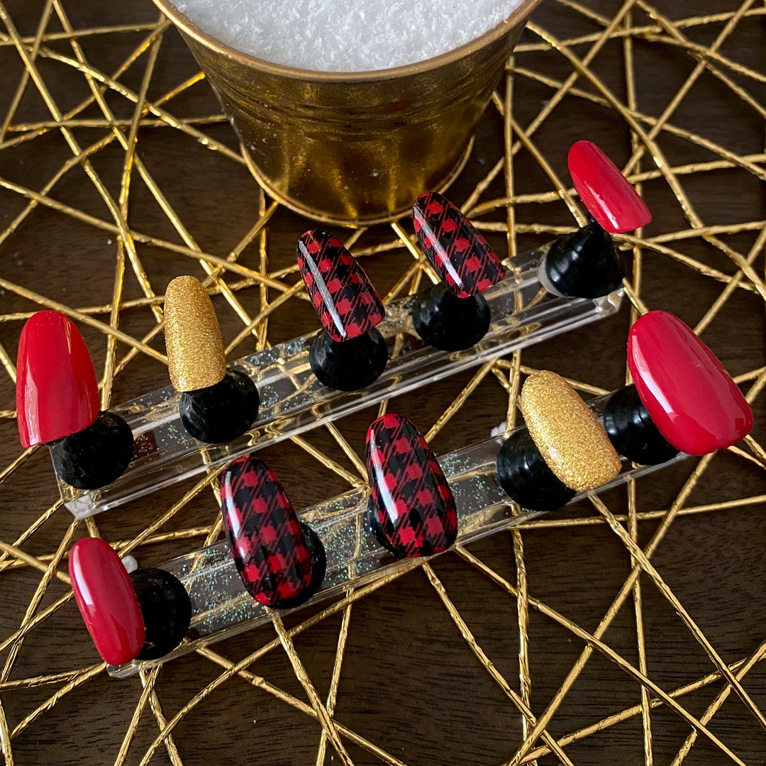 Red and Black Buffalo Check Rounded Press on Nails With Golden Glitter ...