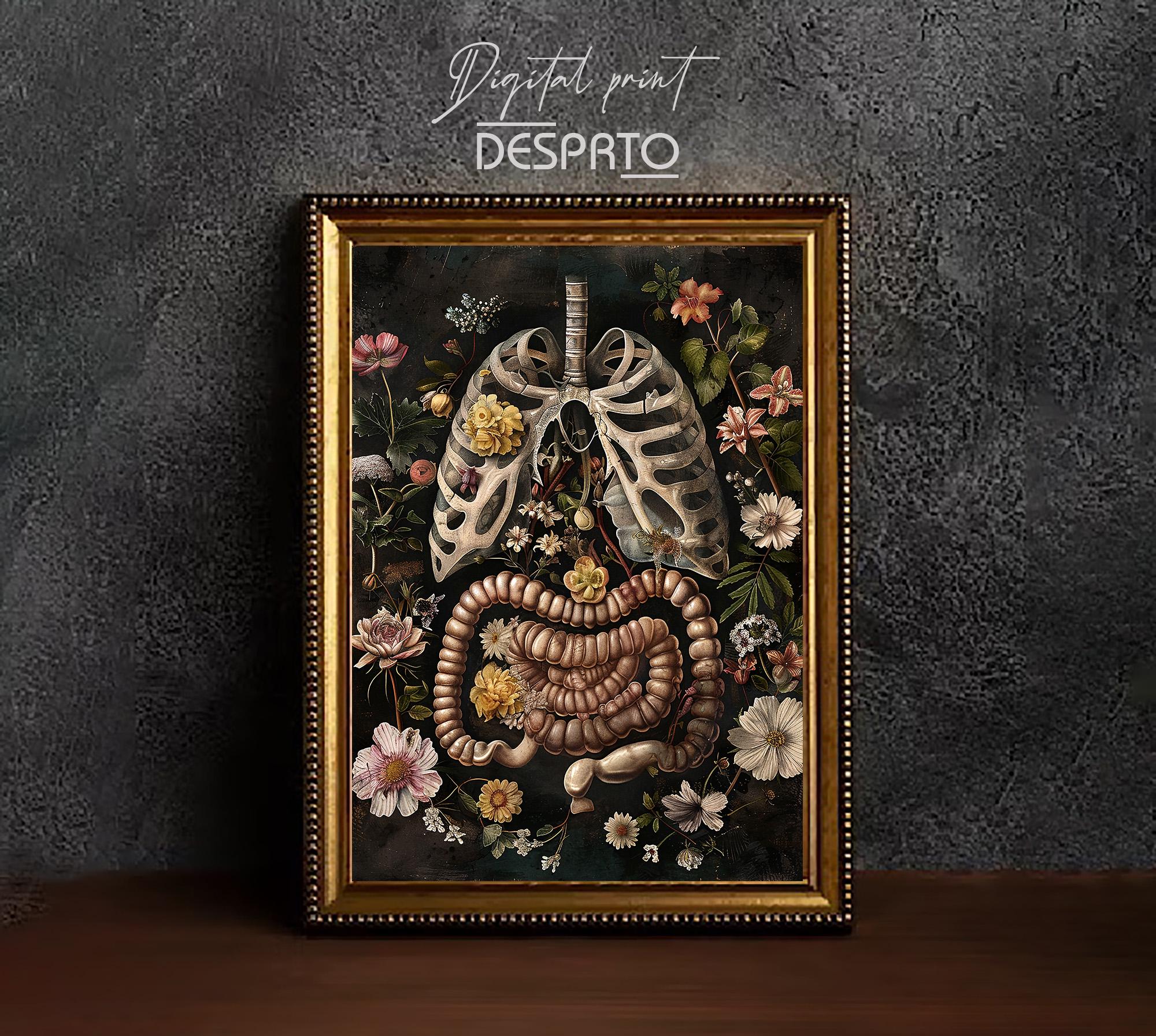 Human Intestines Print, Ribs Skeleton Flowers Anatomy Gothic Painting ...
