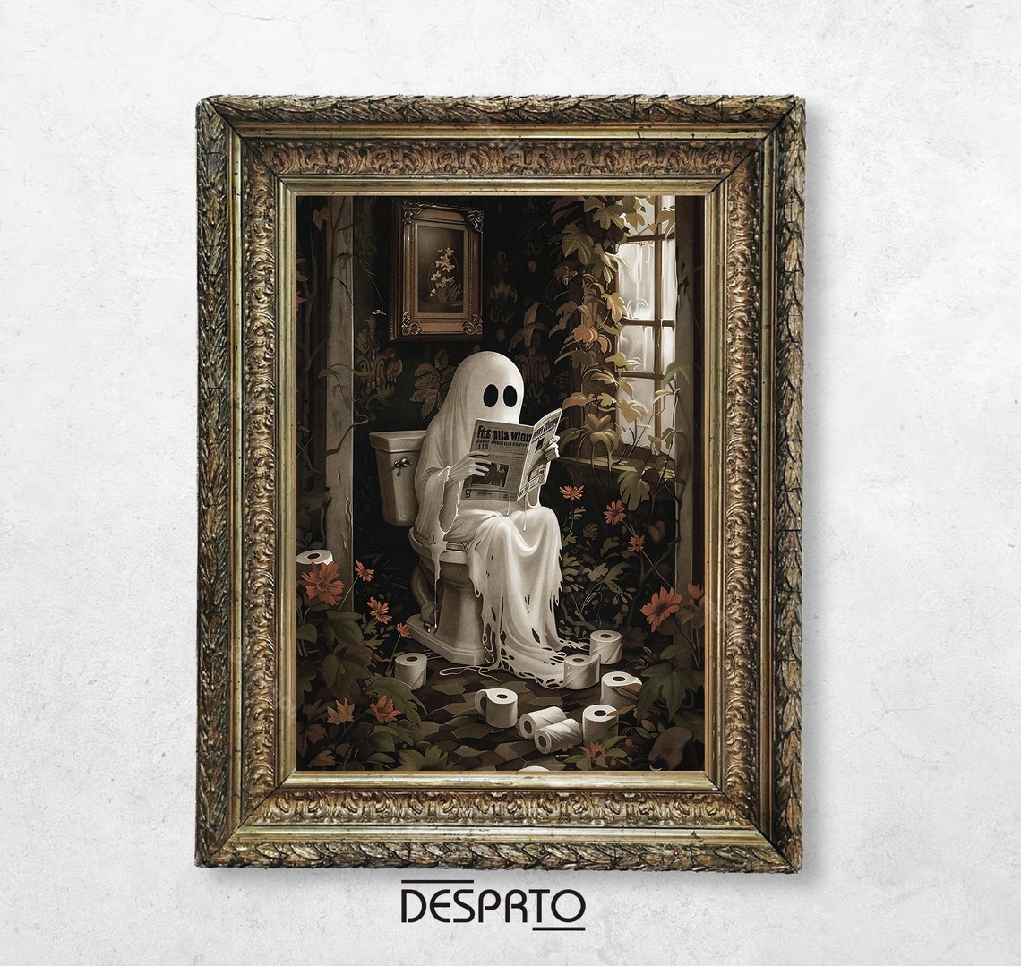 Ghost Reading Newspaper on Toilet Print, Dark Academia, Whimsical Ghost ...