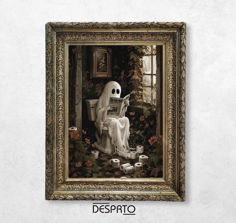 Ghost Reading Newspaper on Toilet Print, Dark Academia, Whimsical Ghost ...