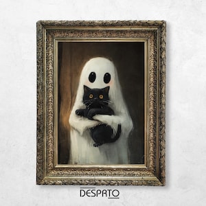 Cute Ghost Hugs Black Cat Print, Digital Halloween Cottagecore Decor ...