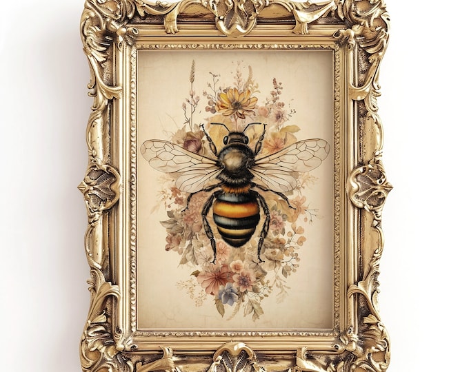 Boho Bee in Yellow Flower Print, Moody Bumlebee Decor, Botanical ...