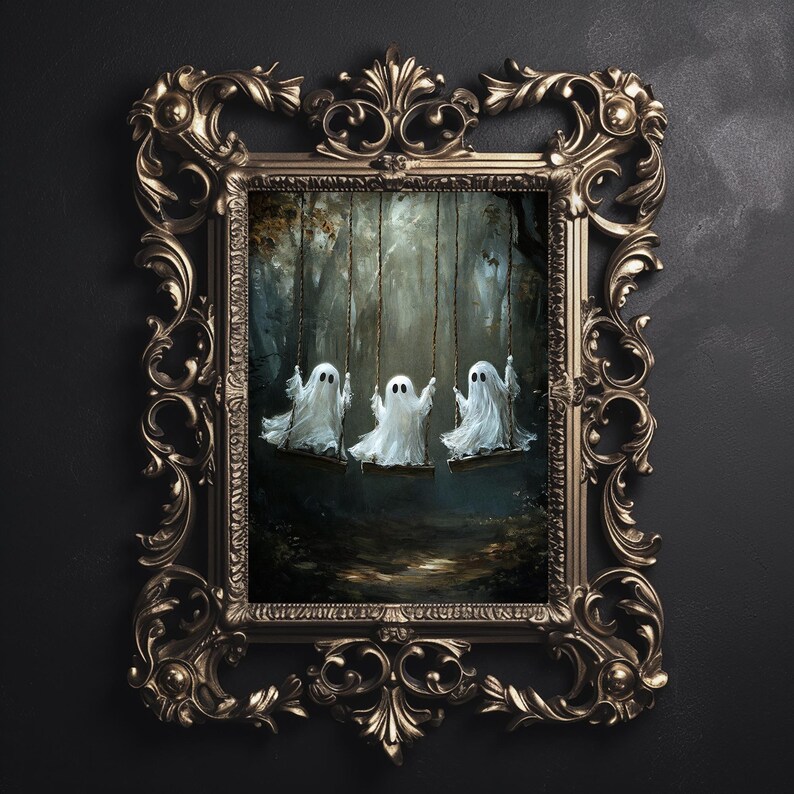 Three Cute Ghosts on a Swing in Fall Woods Print, Dark Academia ...