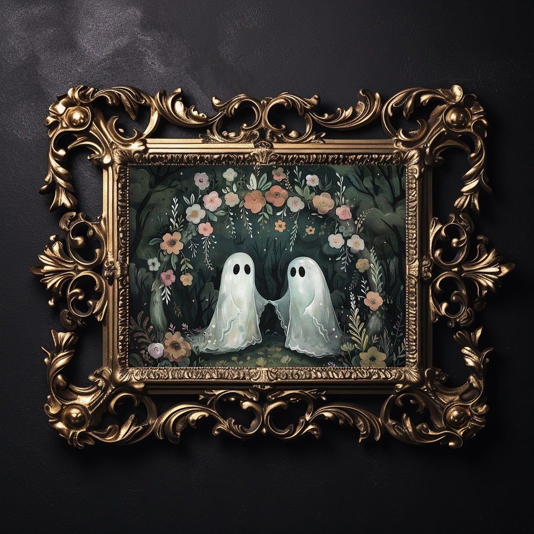 Two Cute Ghosts Getting Married in Flower Forest Print, Romantic Dark ...