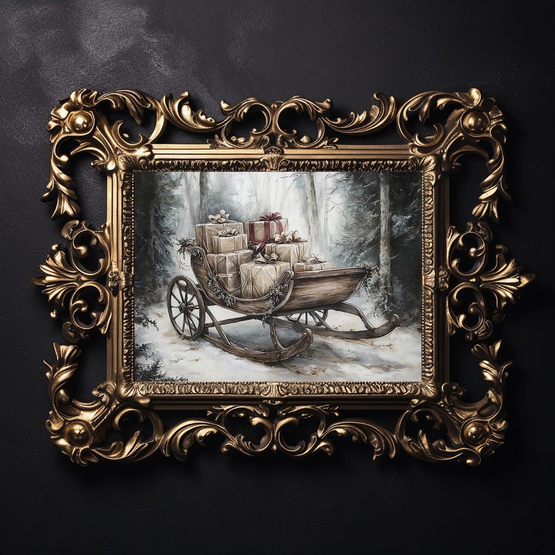 Vintage Christmas Santa Sleigh Print, Winter Christmas Sleigh Poster ...