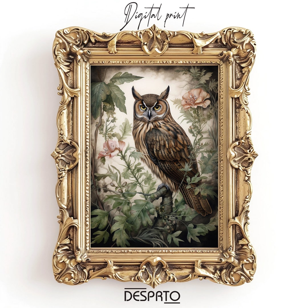 Boho Owl Printable, Portrait Floral Owl Wall Print, Dark Academia Decor ...