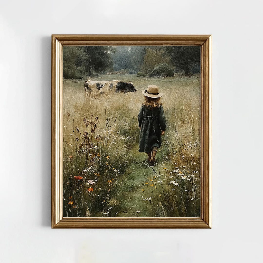 Girl and Cow Print, Vintage Farmhouse Cottagecore Wall Art (digital ...