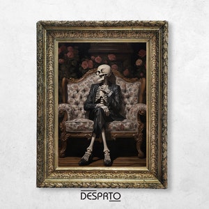 Skeleton Sitting on Sofa Print, Victorian Floral Skeleton Portrait ...