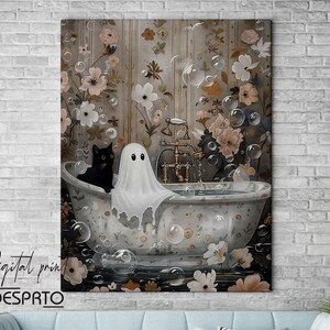 Ghost and Black Cat Takes a Bathtub Print, Dark Academia, Ghost Bath ...