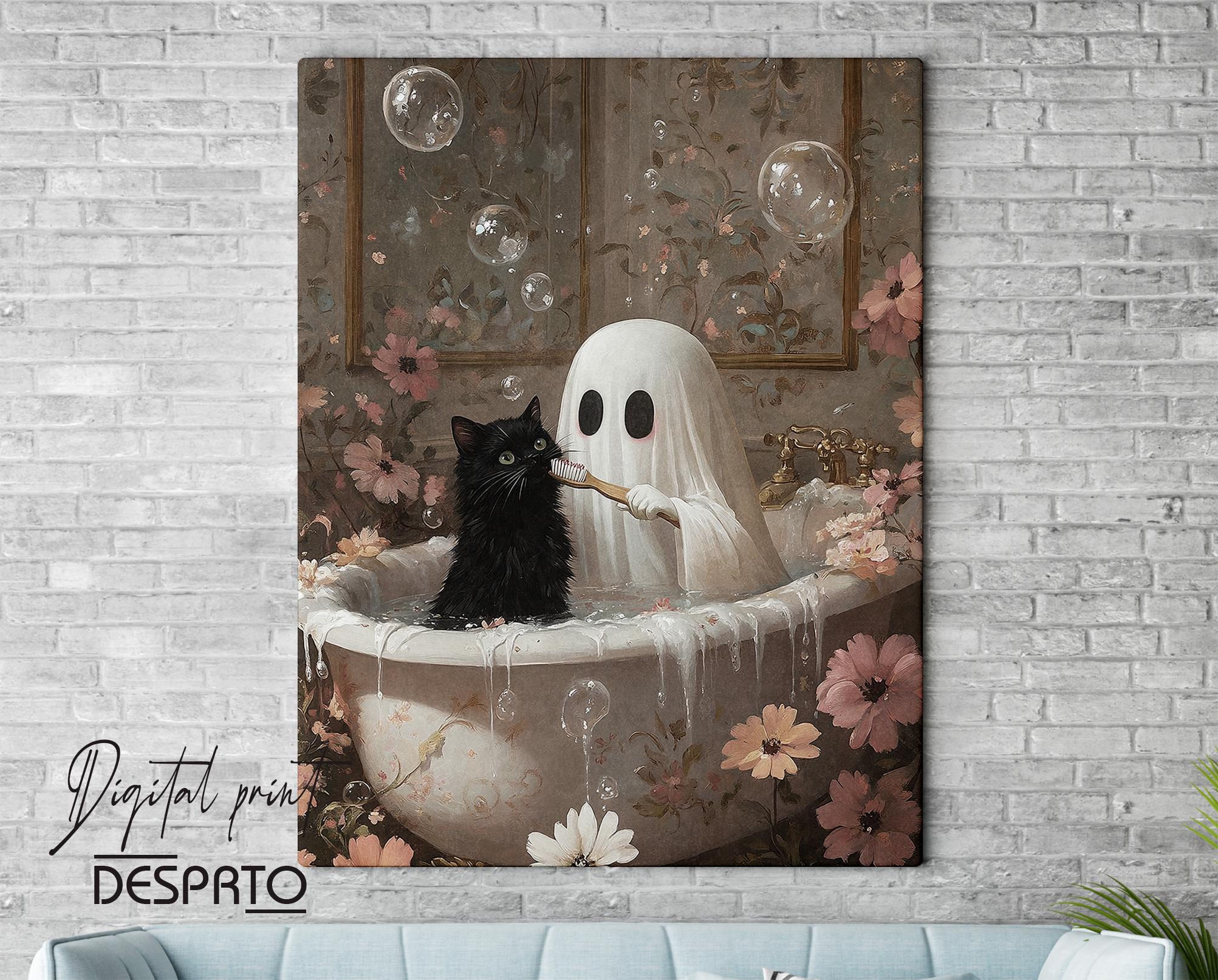 Ghost Brushing Black Cat's Teeth Bathtub Print, Bathroom Dark Academia ...