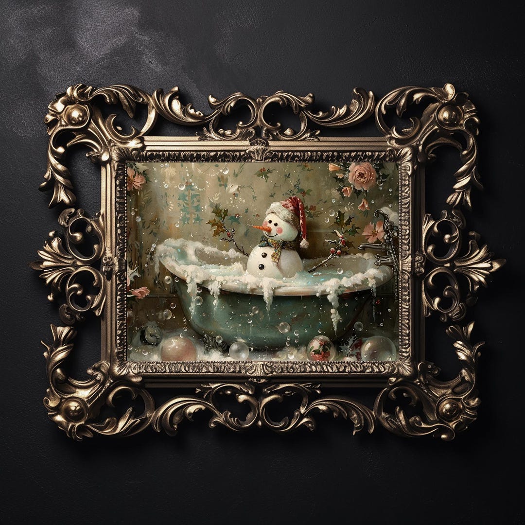 Christmas Snowmen Takes Bathtub Print, Winter Bathroom Wall Art Print ...