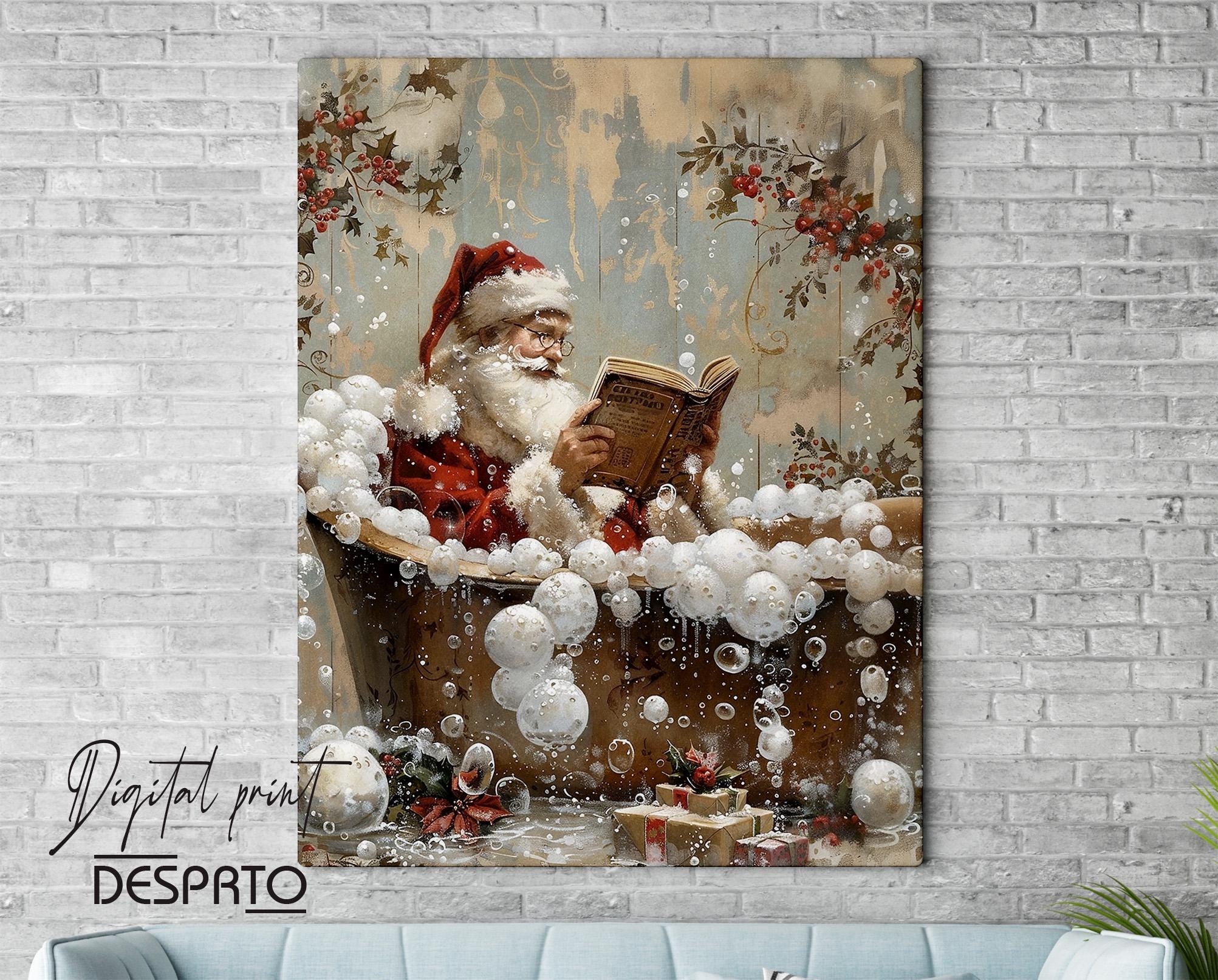 Vintage Santa Claus in Bathtub Reading Book Print, Christmas Bath Tub ...