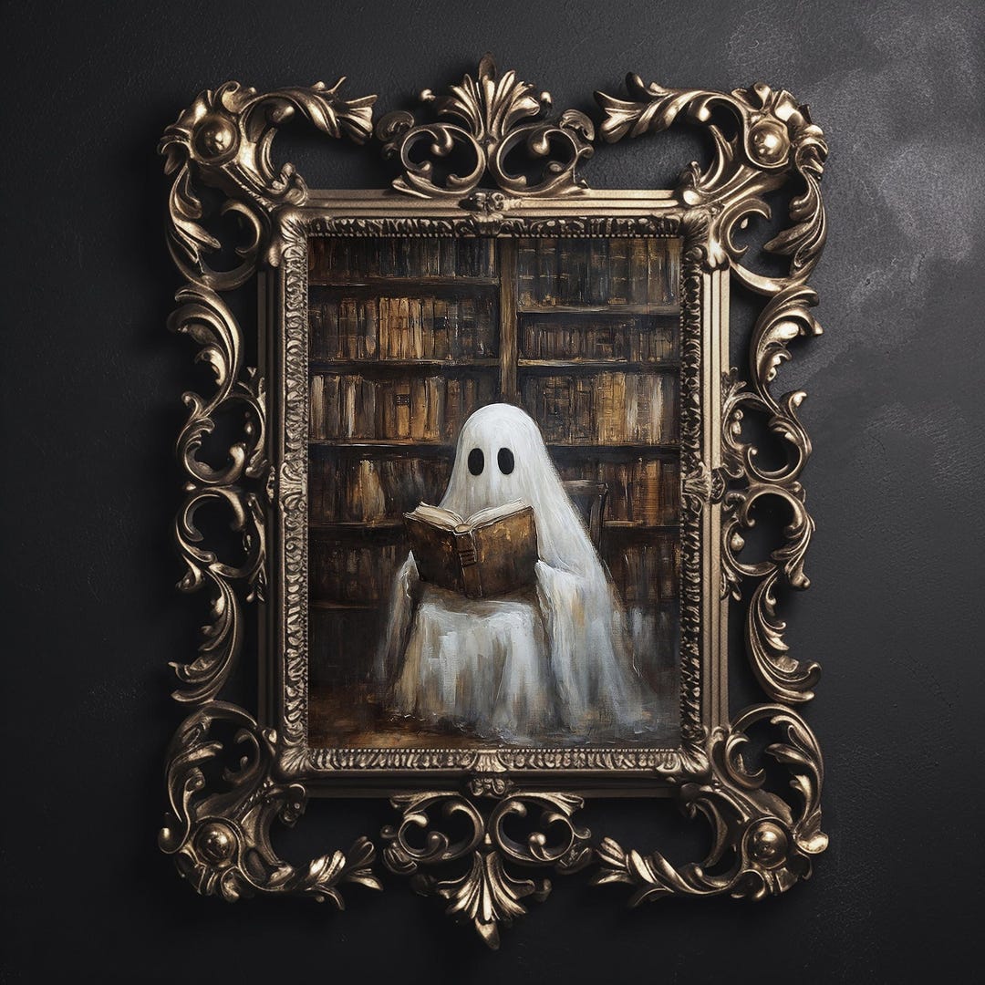 Ghost Reading Books in Library Print, Digital Halloween Decor, Ghost ...