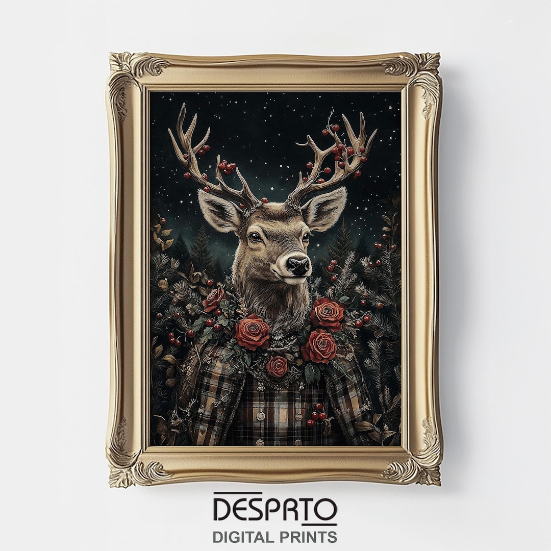 Dark Fantasy Stag in Tartan Armor Reindeer Print, Aristocratic Stag ...