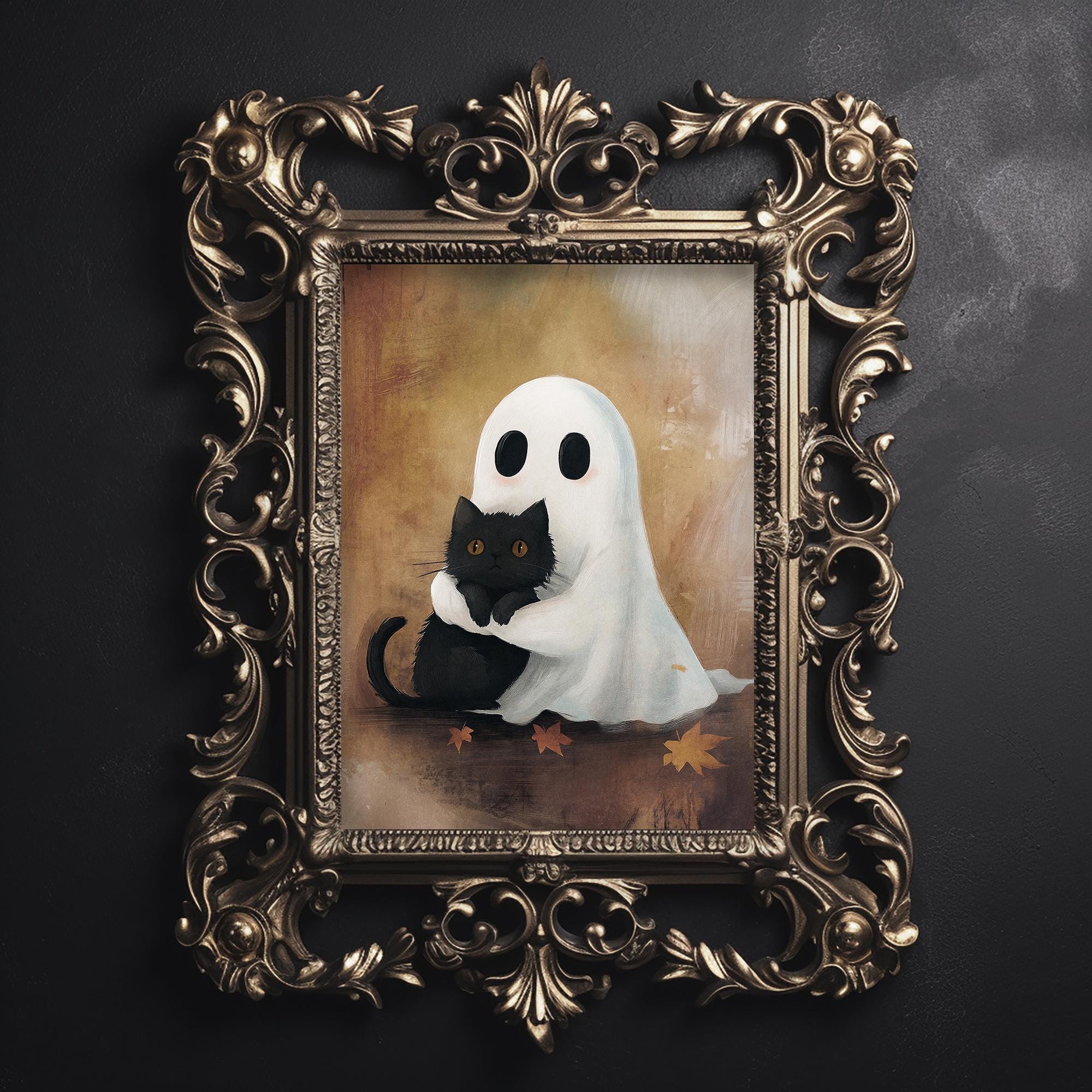 Cute Ghost Hugs Black Cat Print, Digital Halloween Cottagecore Decor ...