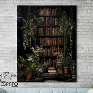 Botanical Books Print, Green Library Bookstore Vintage Poster, Dark ...