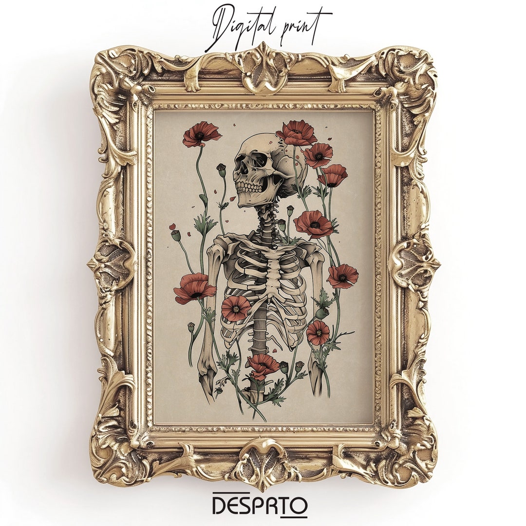 Retro Boho Skeleton in Poppy Flower Print, Moody Skeleton Decor ...