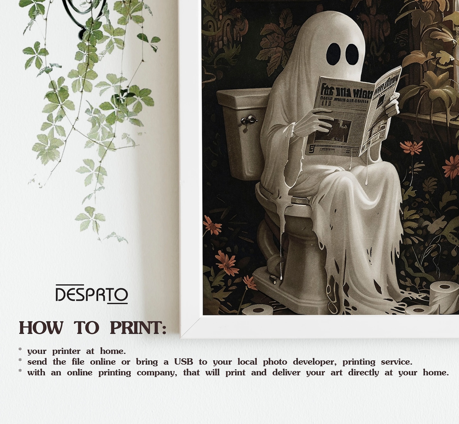 Ghost Reading Newspaper on Toilet Print, Dark Academia, Whimsical Ghost ...
