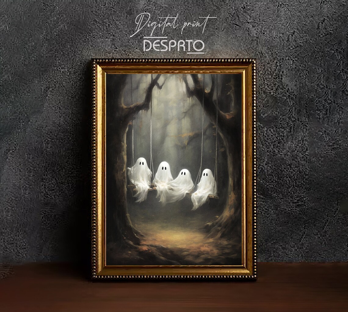 Four Cute Ghosts on a Swing in Fall Woods Print, Dark Academia ...