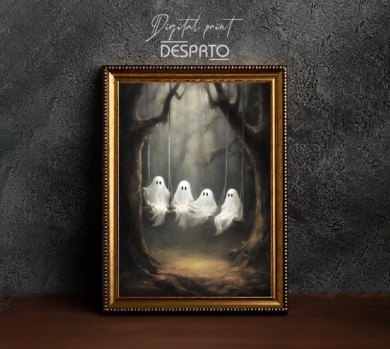 Four Cute Ghosts on a Swing in Fall Woods Print, Dark Academia ...