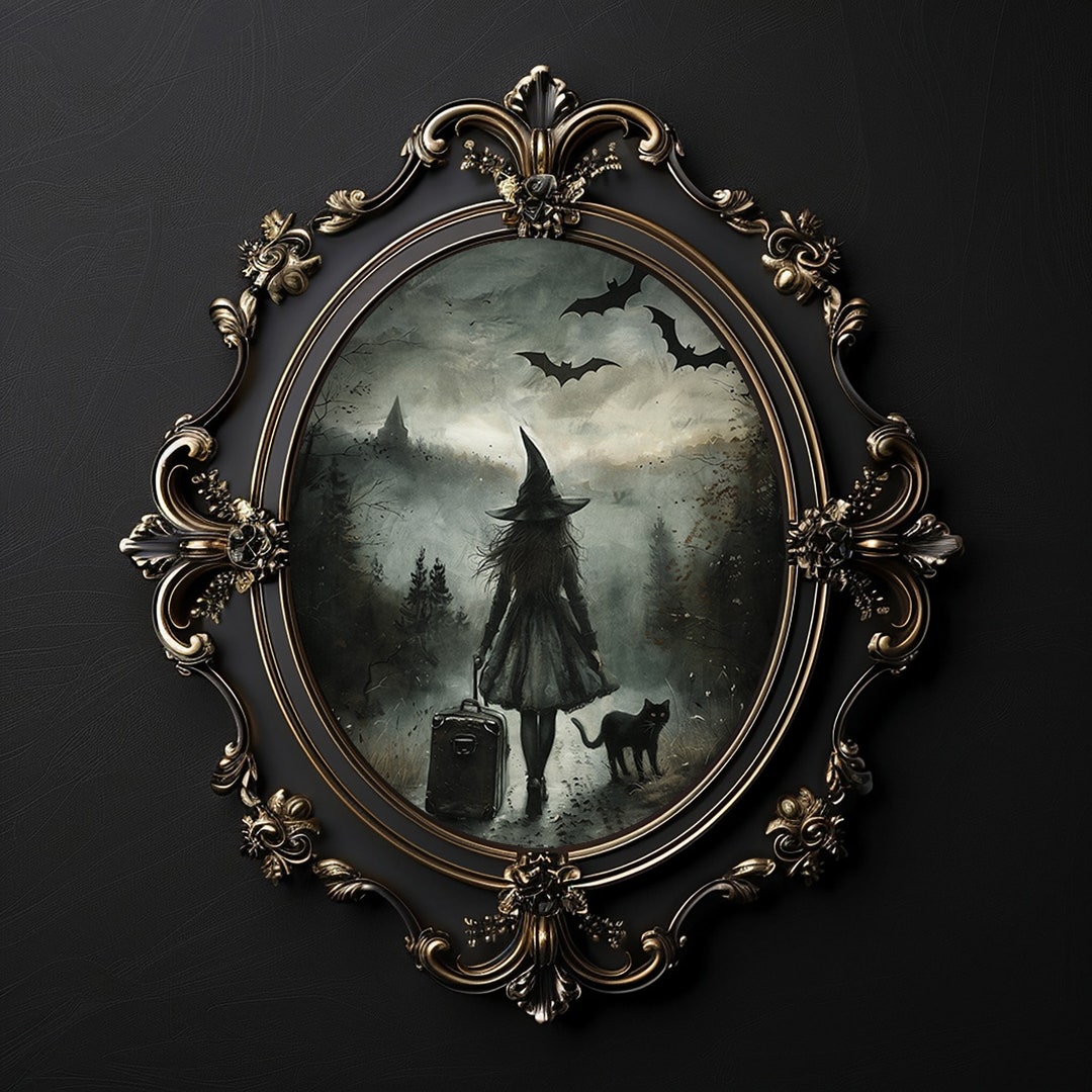 Witch Girl Walking With Cat in Field Print, Halloween Dark Academia ...