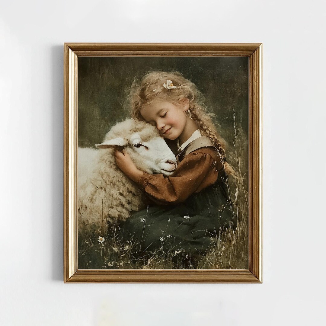 Girl Hugs a Sheep Print, Whimsical Farm Nursery Printable Art (digital ...
