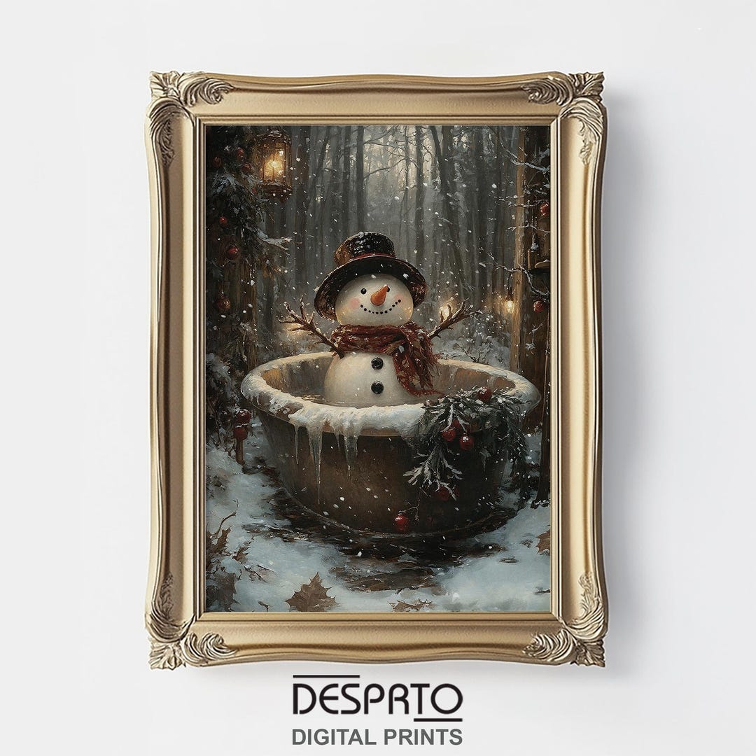 Christmas Snowmen Takes Bathtub Print, Winter Forest Wall Art Print ...