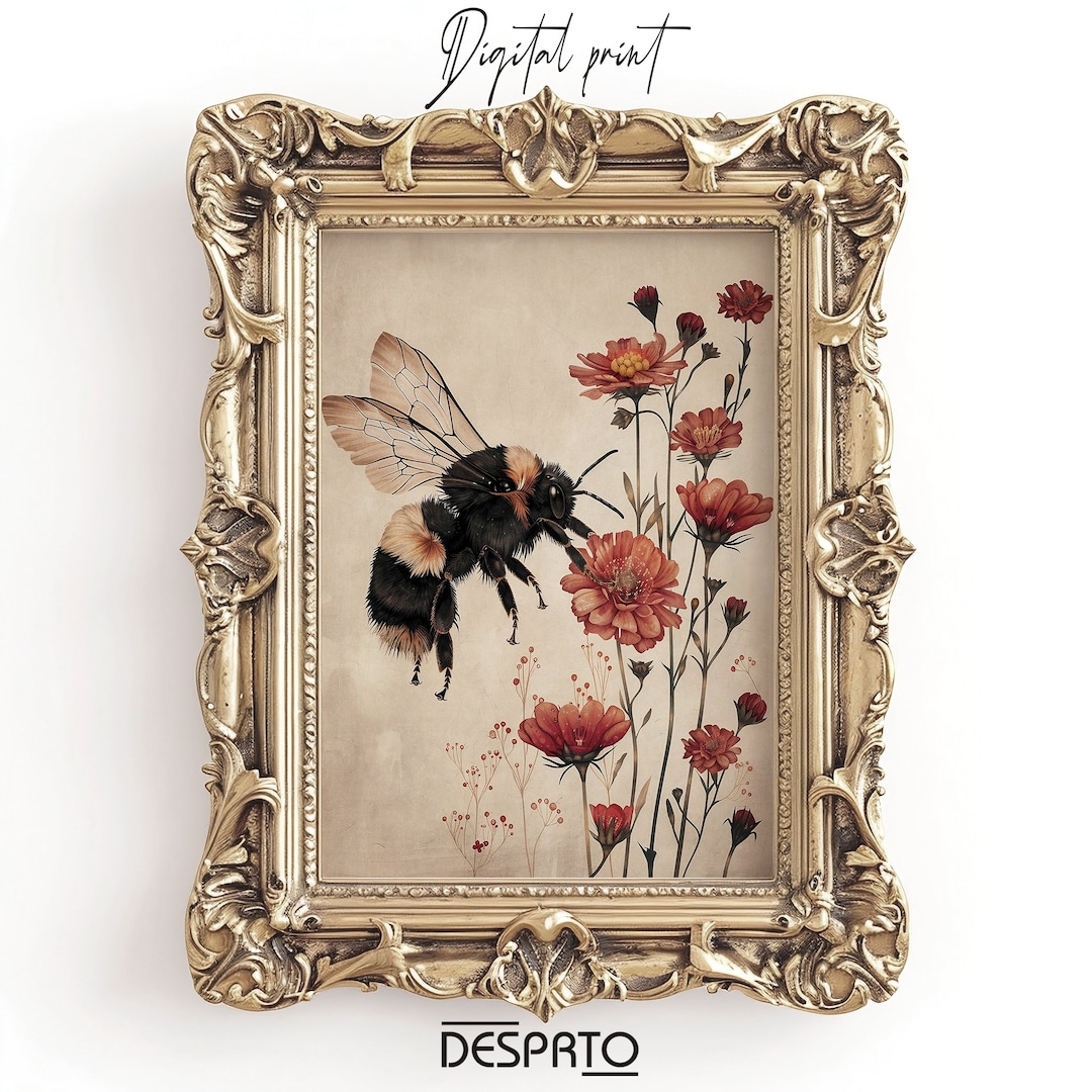 Boho Bee in Red Flower Print, Moody Bumblebee Decor, Botanical ...