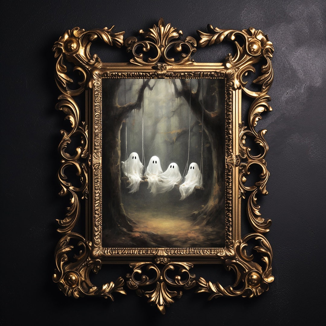 Four Cute Ghosts on a Swing in Fall Woods Print, Dark Academia ...