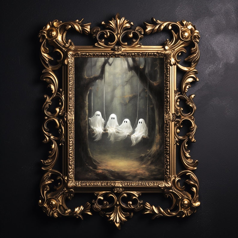 Four Cute Ghosts on a Swing in Fall Woods Print, Dark Academia ...