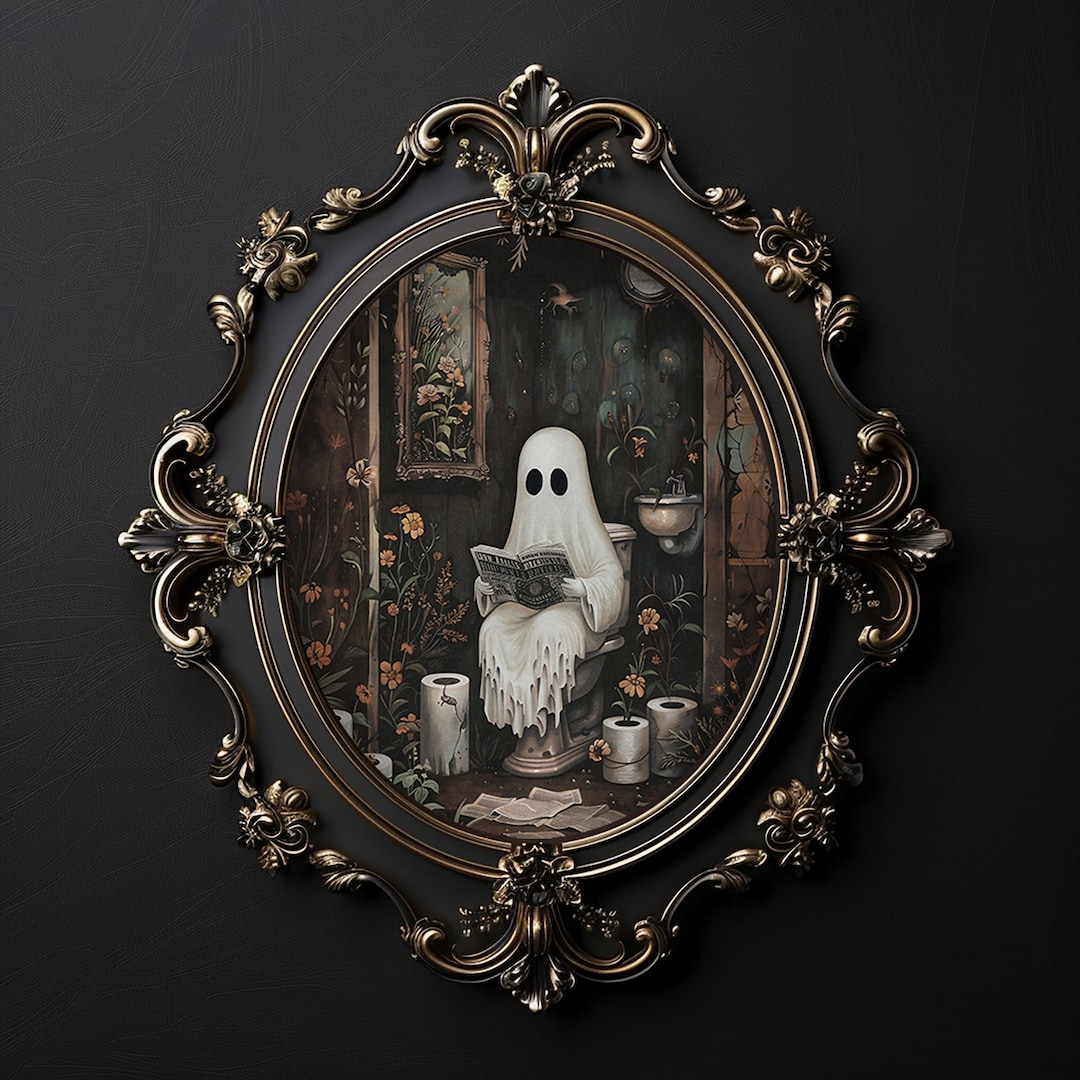 Ghost Reading Newspaper on Toilet Print, Dark Academia, Whimsical Ghost ...