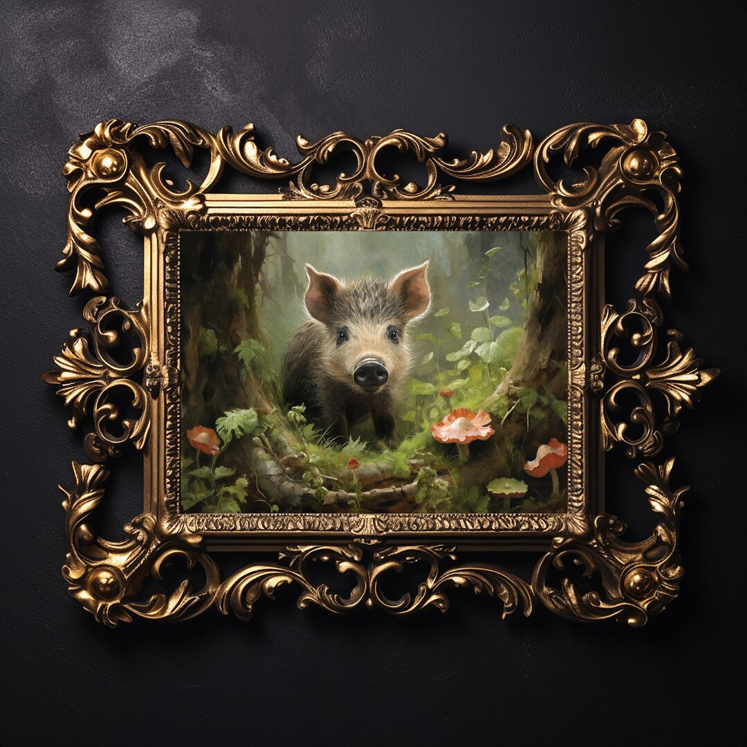 Wild Baby Boar in Forest Wall Print, Dark Academia Painting, Woodland ...