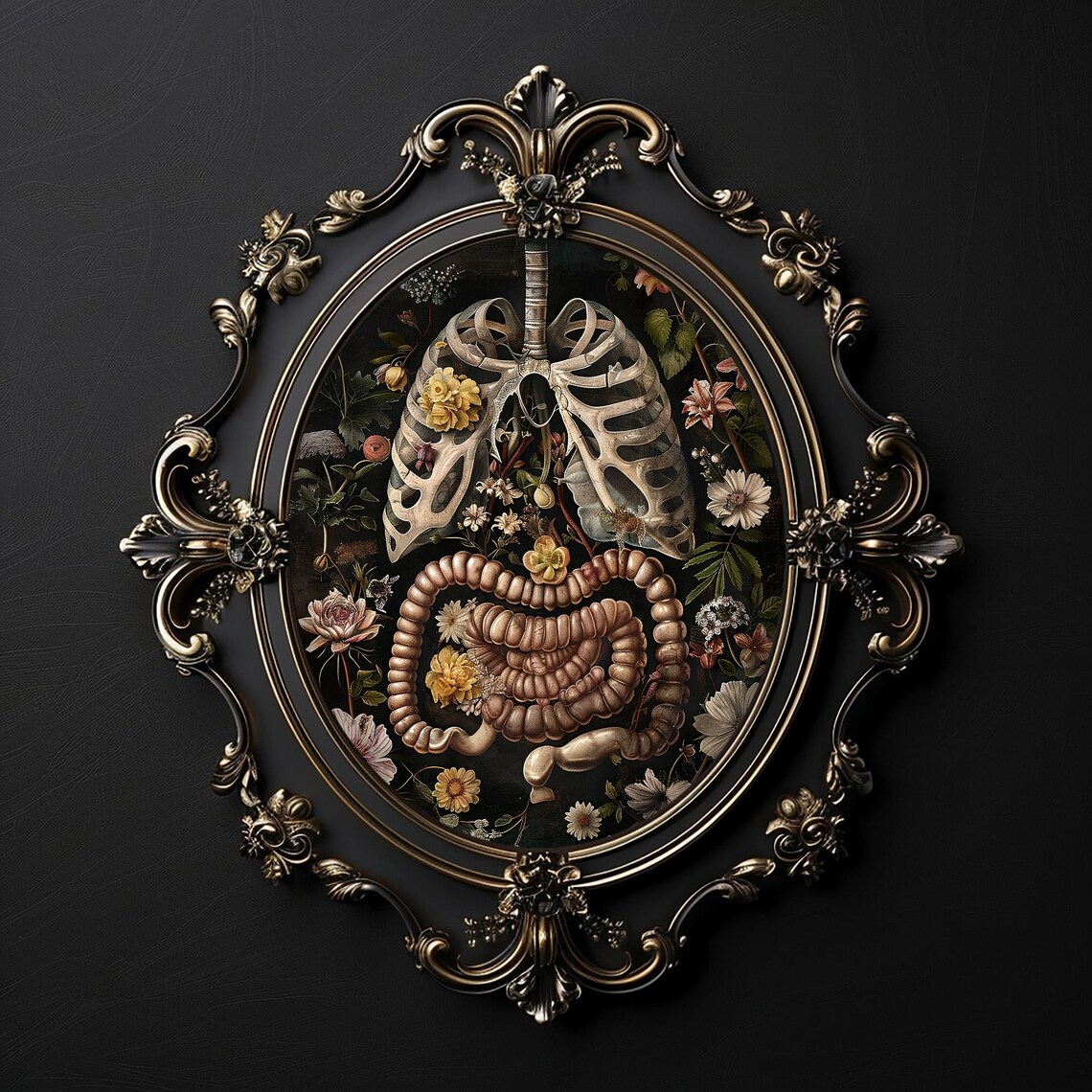 Human Intestines Print, Ribs Skeleton Flowers Anatomy Gothic Painting ...