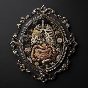 Human Intestines Print, Ribs Skeleton Flowers Anatomy Gothic Painting ...
