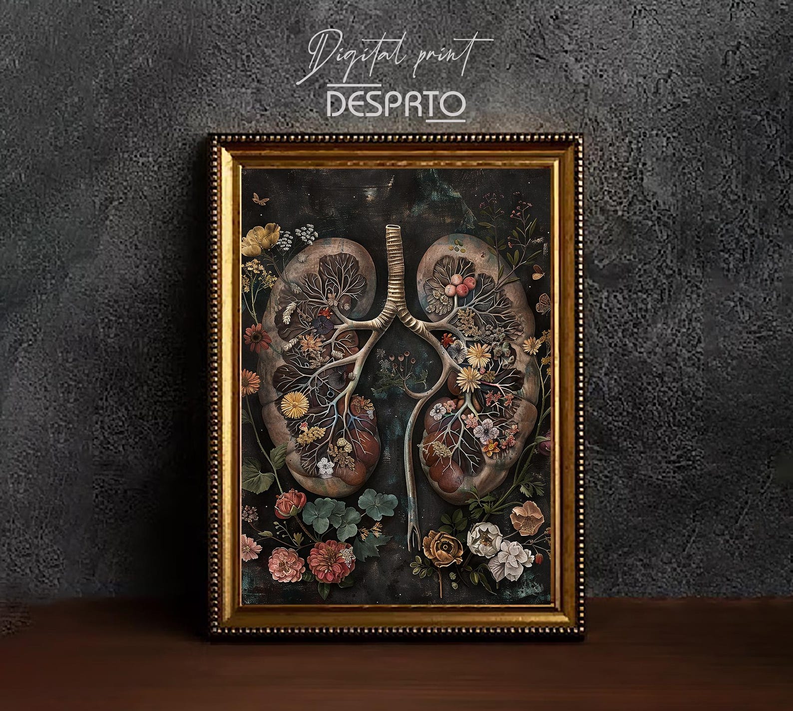 Human Kidney With Flowers Print, Anatomy Gothic Painting, Floral Kidney ...