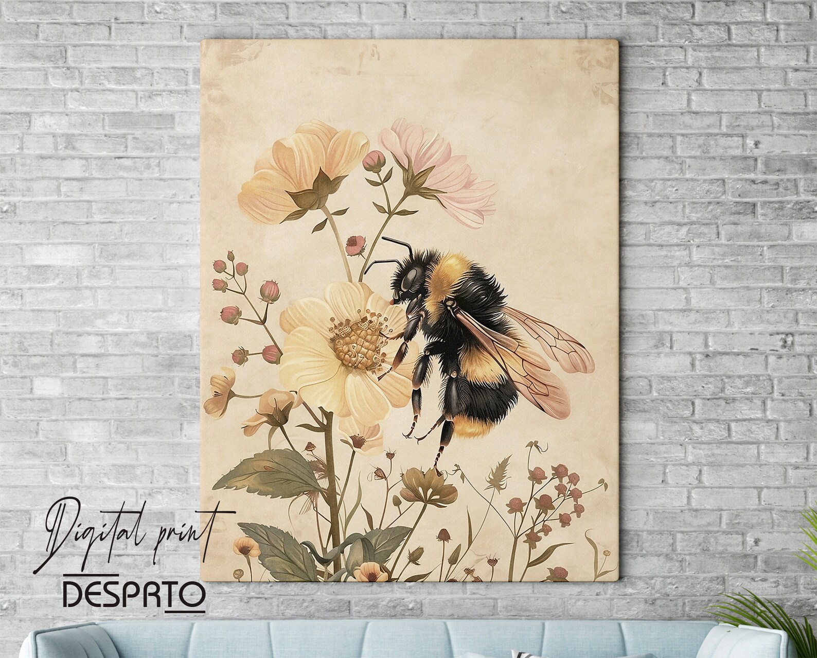 Boho Bee in Yellow Flower Print, Moody Bumlebee Decor, Botanical ...