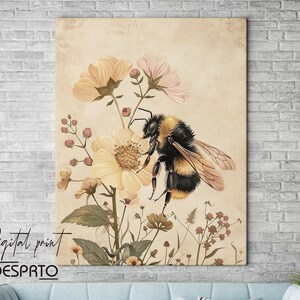 Boho Bee in Yellow Flower Print, Moody Bumlebee Decor, Botanical ...