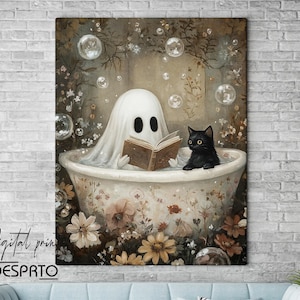 Ghost Reading Book and Black Cat Takes a Bathtub Print, Dark Academia ...