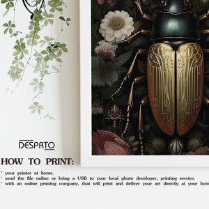 Gold Beetle in Dark Flower Garden, Moody Bug Print, Scarab Printable ...