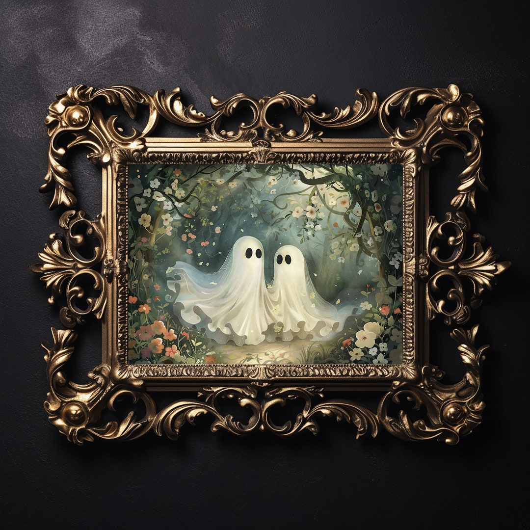 Two Cute Ghosts Getting Married in Flower Forest Print, Romantic Dark ...