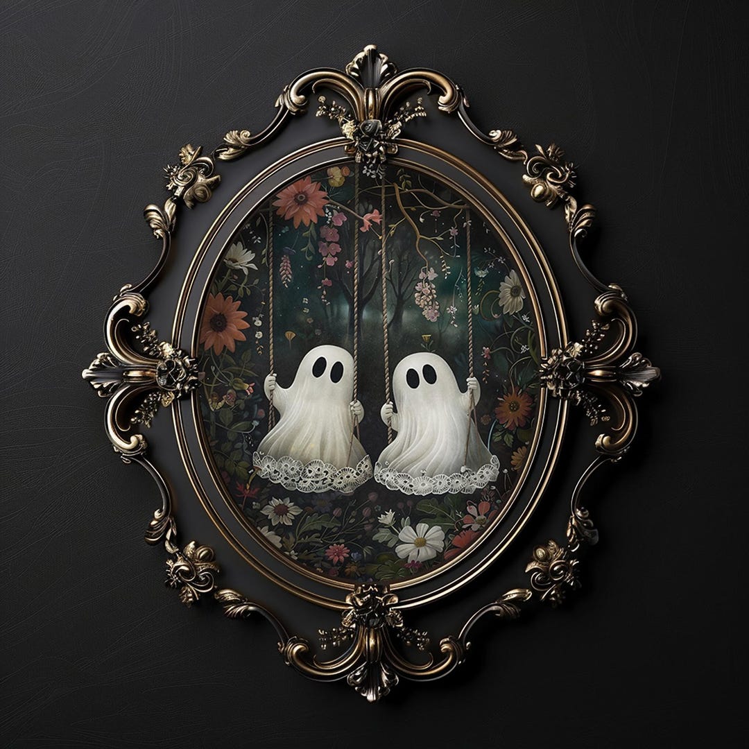 Two Cute Ghosts on a Swing in Flower Woods Print, Dark Academia ...