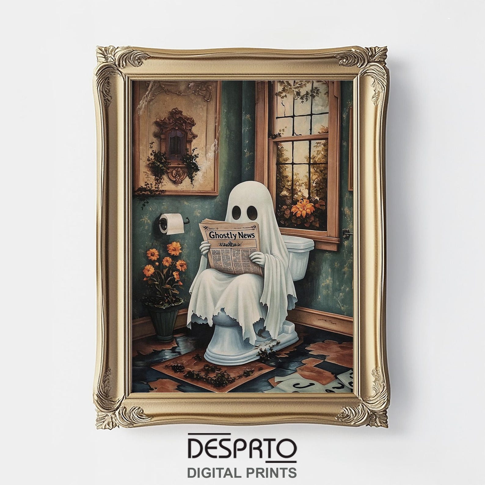 Ghost Reading Newspaper on Toilet Print, Dark Academia, Whimsical Ghost ...