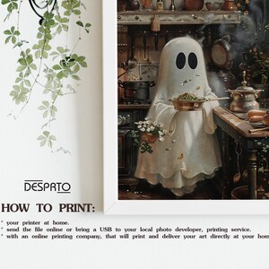 Cute Ghost Preparing to Eat Print, Floral Kitchen Ghost Print ...