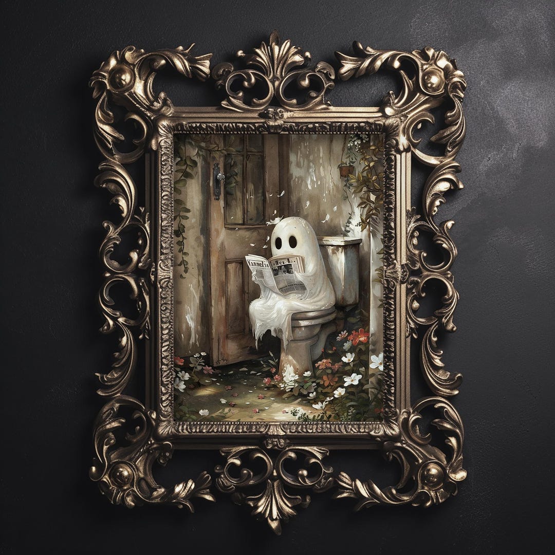 Ghost Reading Newspaper on Toilet Print, Dark Academia, Whimsical Ghost ...