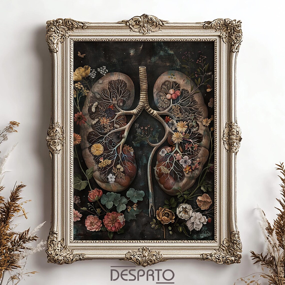 Human Kidney With Flowers Print, Anatomy Gothic Painting, Floral Kidney ...
